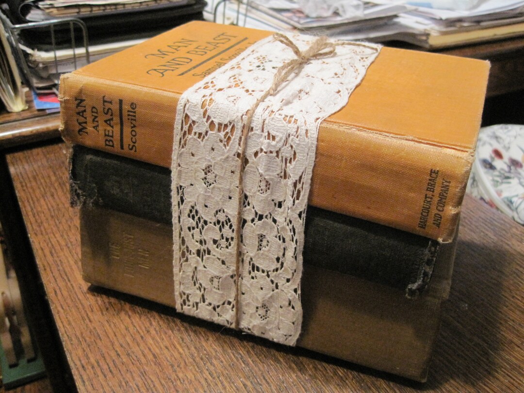 Antique Book Stack: Vintage Novel Decor With Lace Ribbon - Etsy