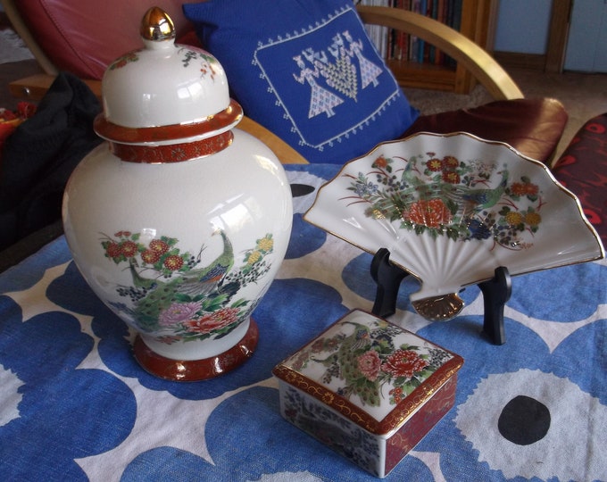 Vintage Satsuma Asahi Japan Peacock Ginger Jar Vase, Box & Lid, Fan ...