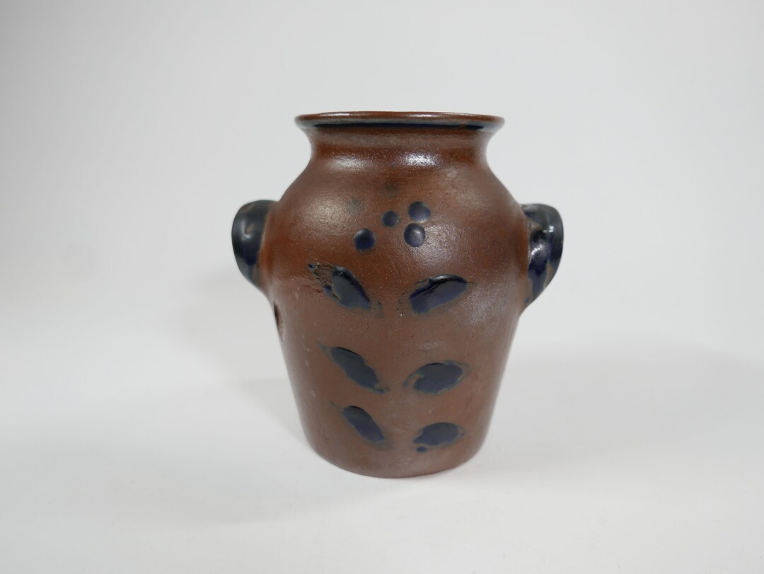 Antique Small Redware Handled Jar Vase With Cobalt Blue Floral Decor - Etsy