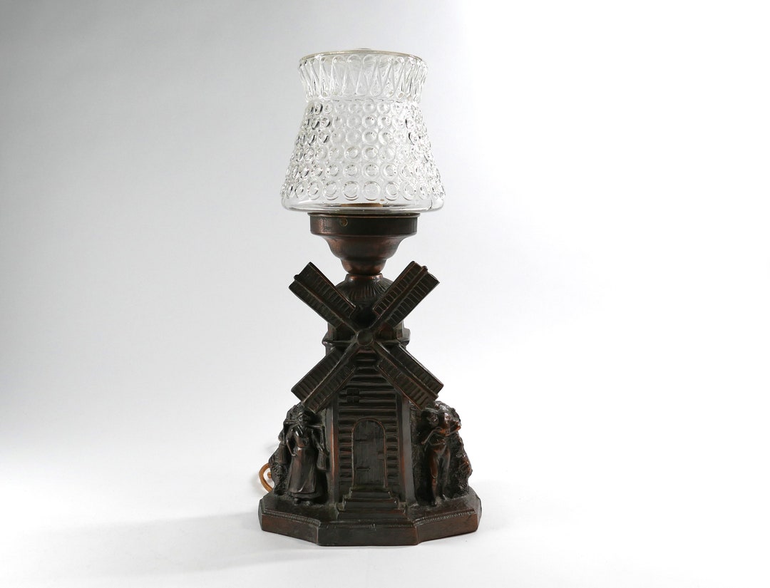 Vintage Cast Spelter Windmill Table Lamp With Clear Glass Hobnail Globe ...