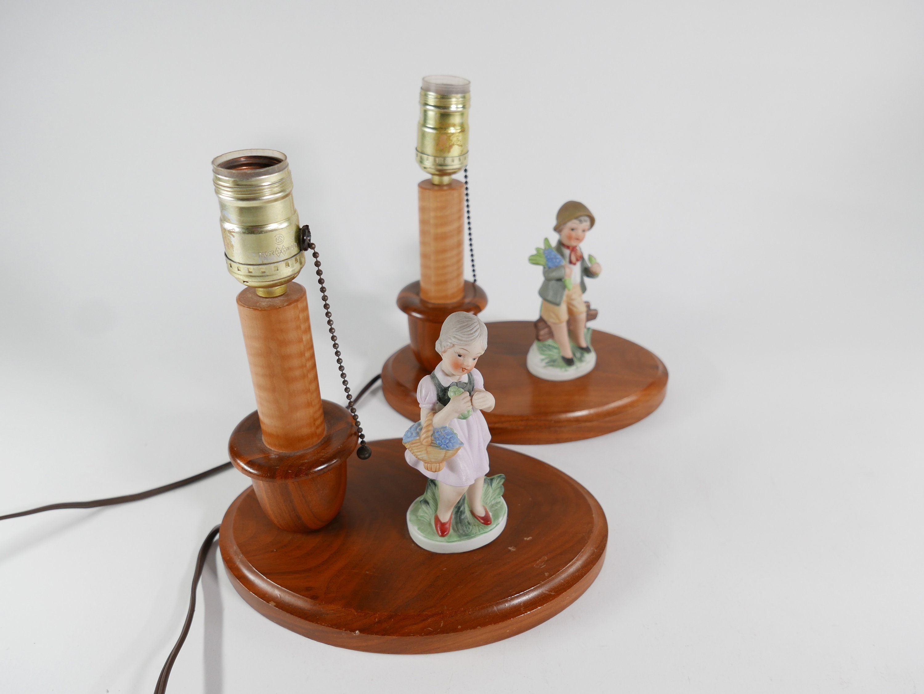 Vintage Children Wood Table Lamps With Hummel Style Boy and Girl ...