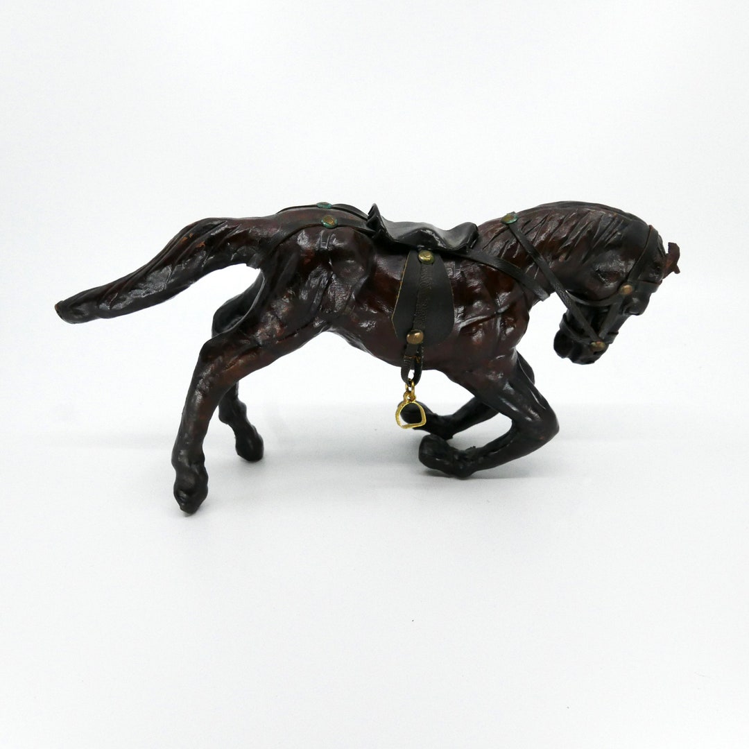 Vintage Handmade Kneeling Horse Leather Figurine, Equestrian Sculpture ...