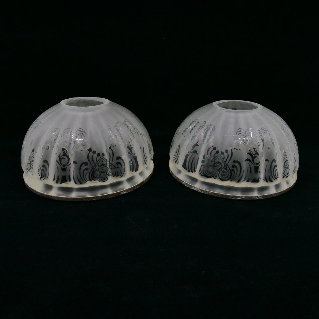 Vintage Pair of Ribbed Frosted Glass Acid Etched Floral Pattern Shades ...