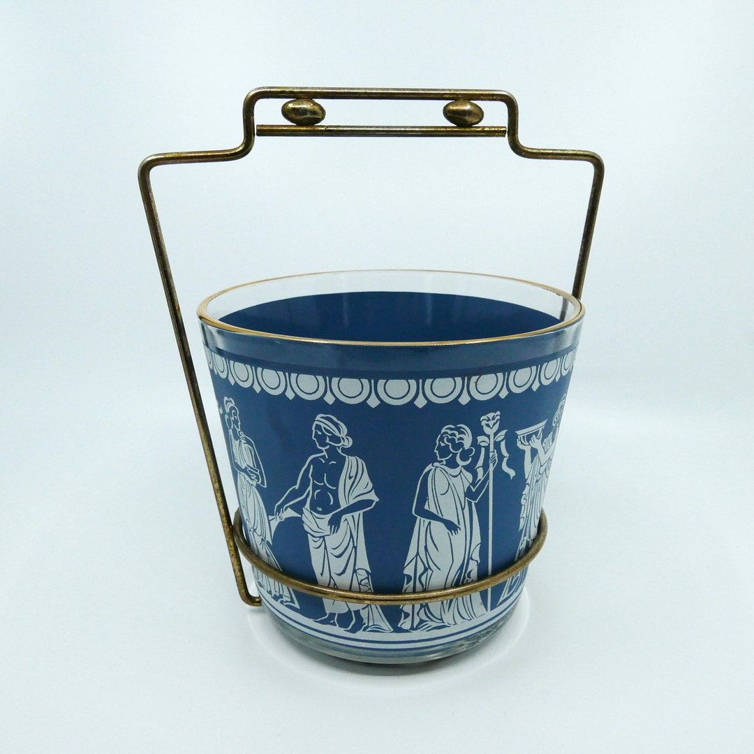 Vintage Glass Ice Bucket With Metal Caddy / Holder With Hellenic ...