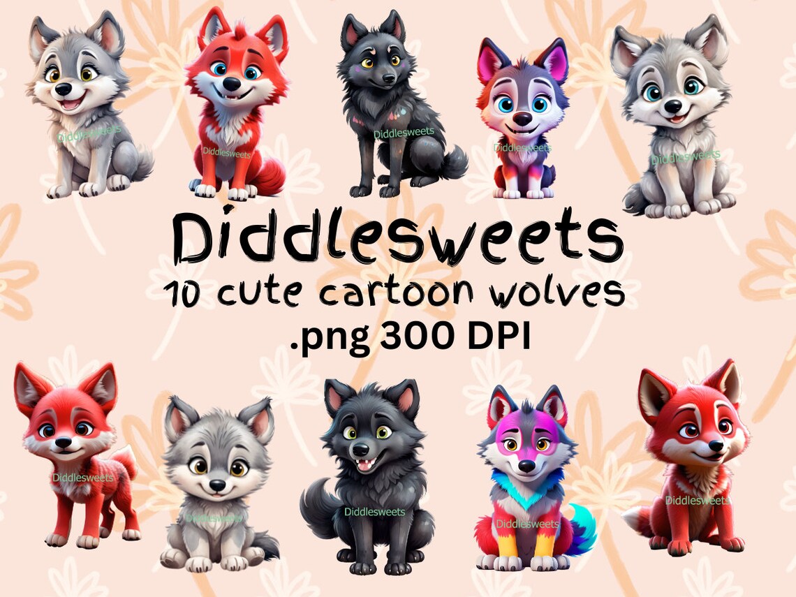 Cute Cartoon Wolves, 10 .png Clipart Images 300 DPI - Etsy