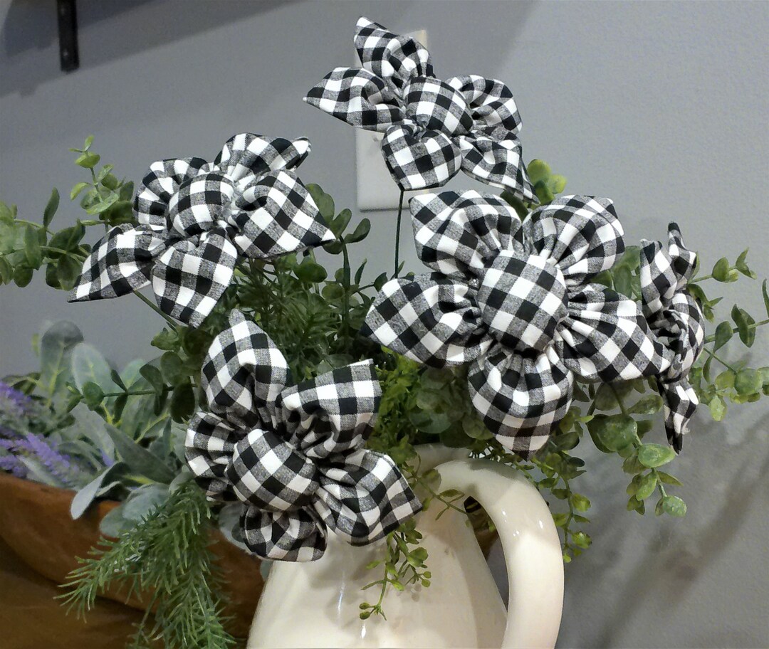 Set of 3 Fabric Buffalo Check Flower Stems, Poke Flowers, Country Decor ...