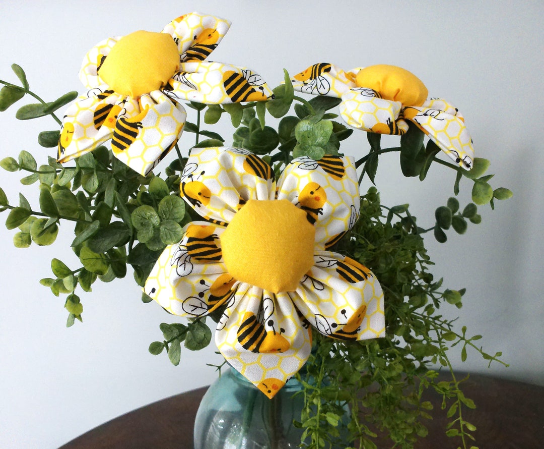 Honey Bee Handmade Fabric Flower Stems, Set of 3 Poke Flowers, Country ...