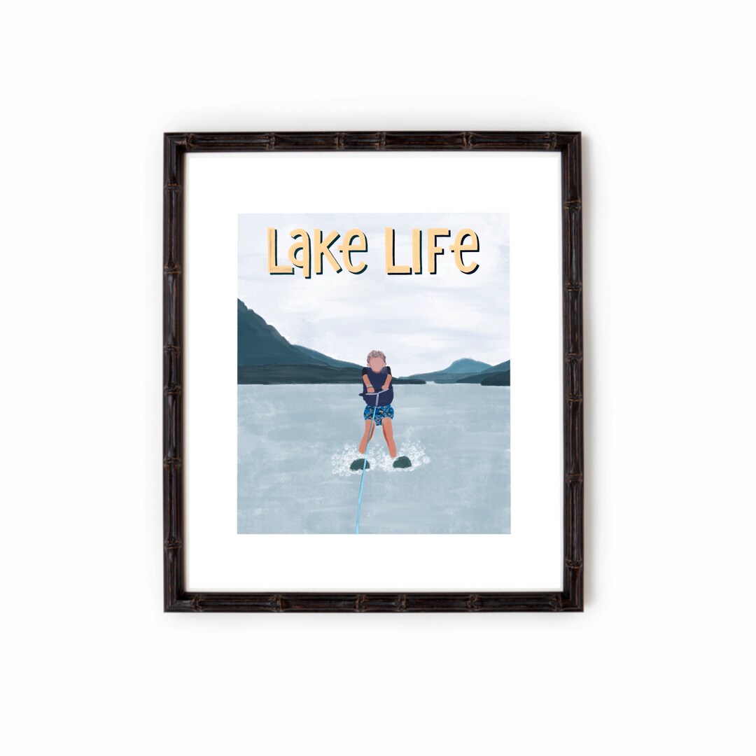Waterskiing Illustrated Prinnt, Waterskiing at the Lake Artwork,lake ...