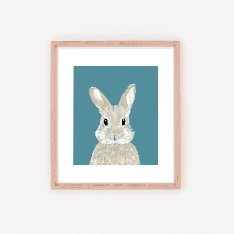 Bunny Art Print, Cream on Blue, Rabbit Wall Art - Etsy