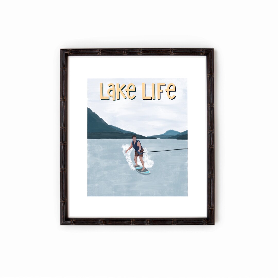 Wakeboarding Illustrated Prinnt, Wakeboarding at the Lake Artwork,lake ...