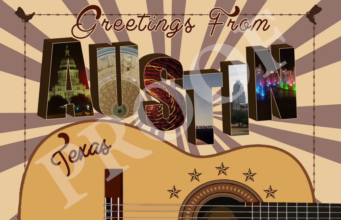 Greetings From Austin Texas Printable Austin Landmark Greeting Card - Etsy