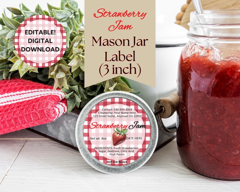 Editable Strawberry Jelly/jam Label Template - Customizable Mason Jar ...