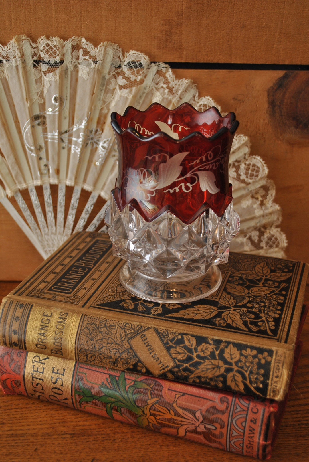 Antique Ruby Flash Etched Spoon Holder Vase - Etsy