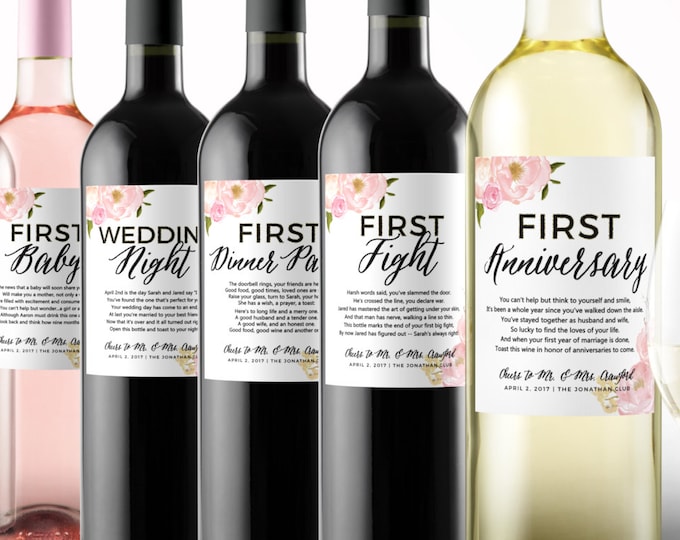 Wedding Milestone Wine Labels A Year of Firsts Floral - Etsy