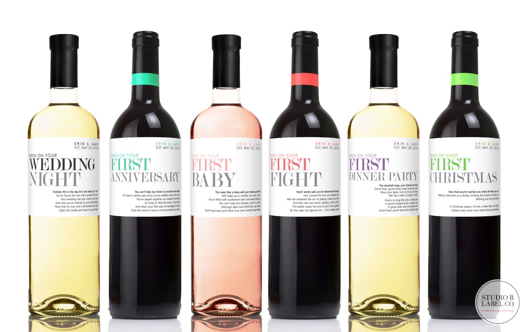 Wedding Milestone Wine Labels - Year of Firsts Engagement Wine Labels ...