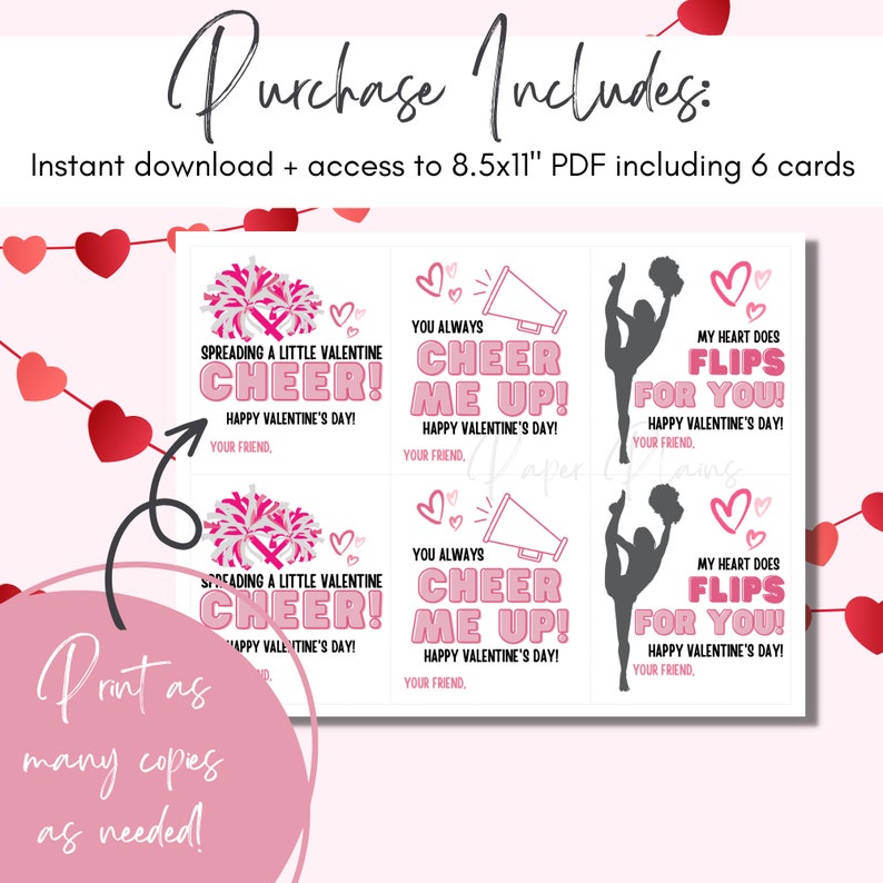 Printable Kids Valentine Exchange Cards, Cheer Girls Valentines, School Valentine Cards, Cute ...
