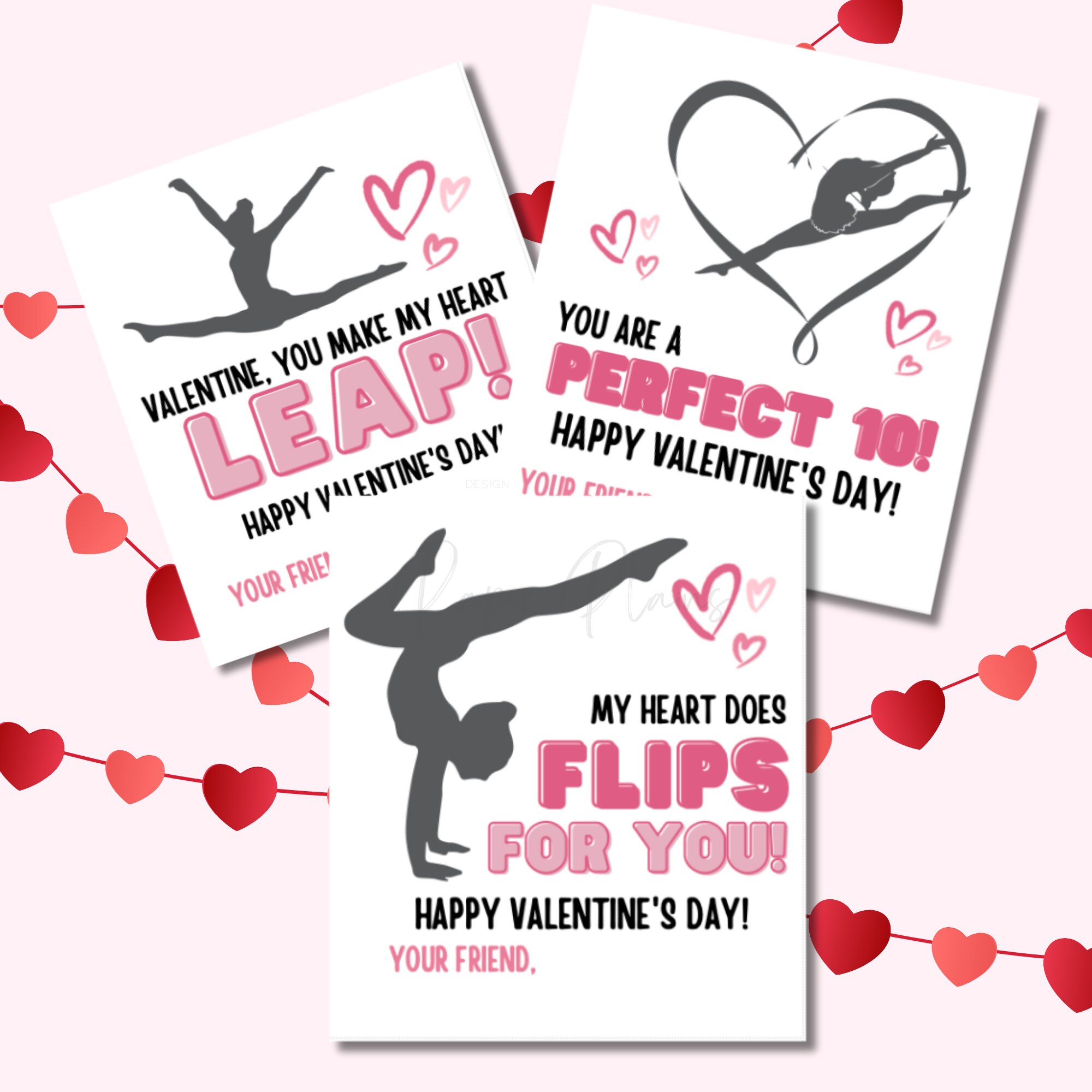 Printable Kids Valentine Exchange Cards, Gymnastics Girls Pink ...