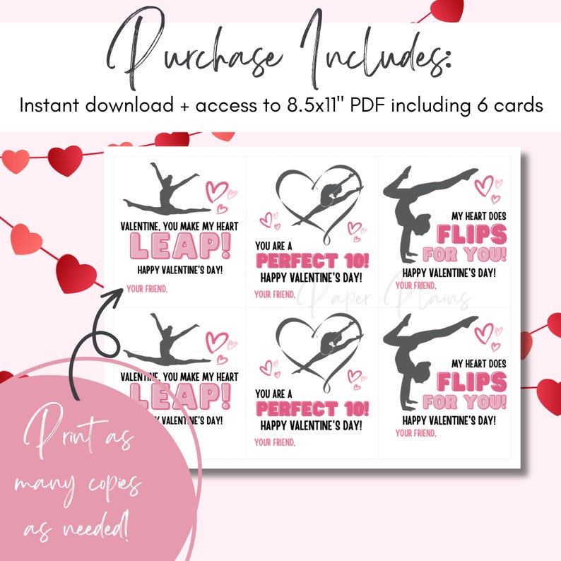 Printable Kids Valentine Exchange Cards, Gymnastics Girls Pink ...