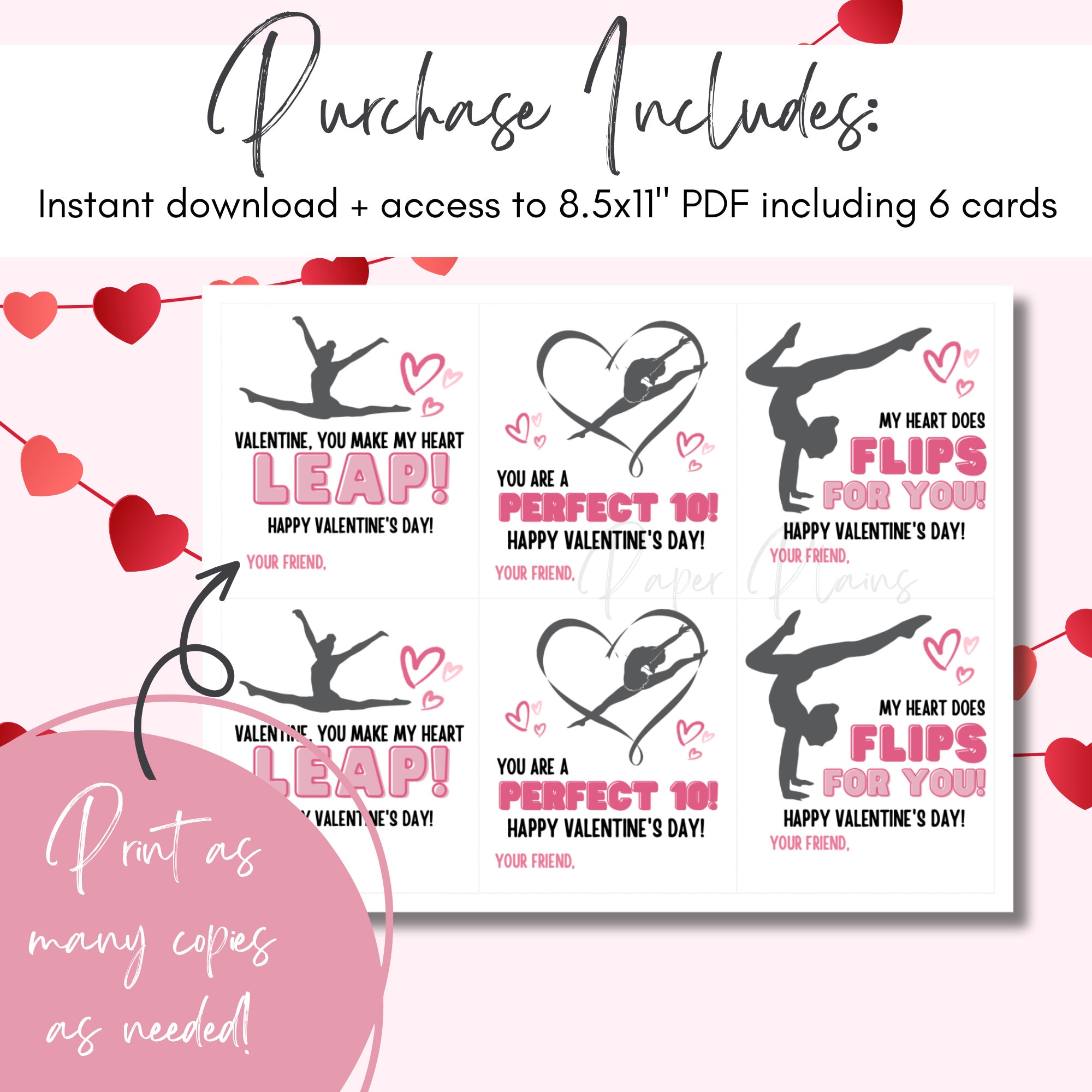 Printable Kids Valentine Exchange Cards, Gymnastics Girls Pink ...