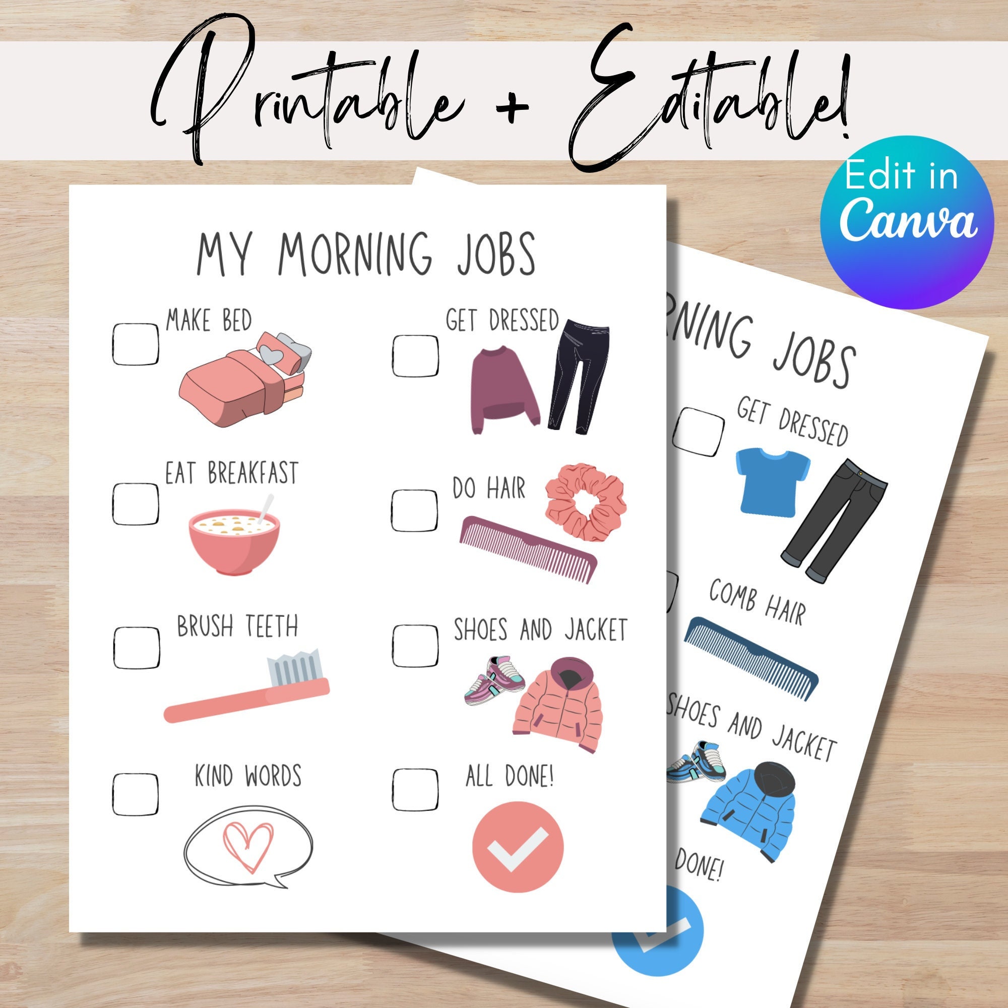 Editable Printable Morning Jobs Custom Chore Chart Customizable Routine ...