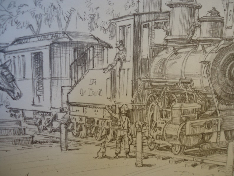 Vintage Print Train Station Line/pencil Drawing Style Old Town - Etsy