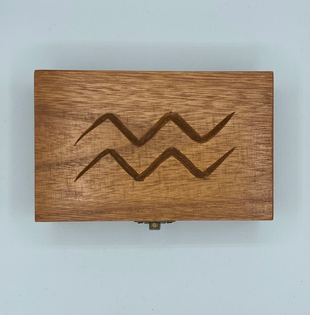 Wooden Keepsake Box, Hand Carved Aquarius Symbol Box, Upcycled, Trinket ...