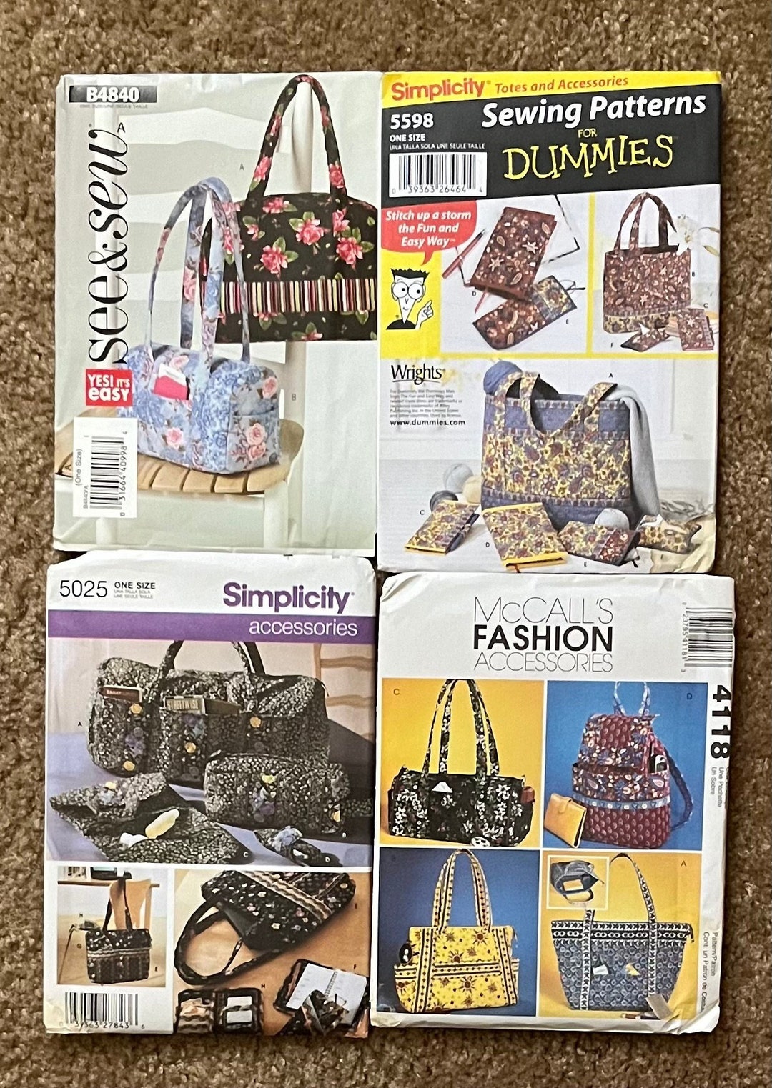 4 Purse and Bag Patterns -- 2 Simplicity, 1 Mccalls and 1 See & Sew - Etsy