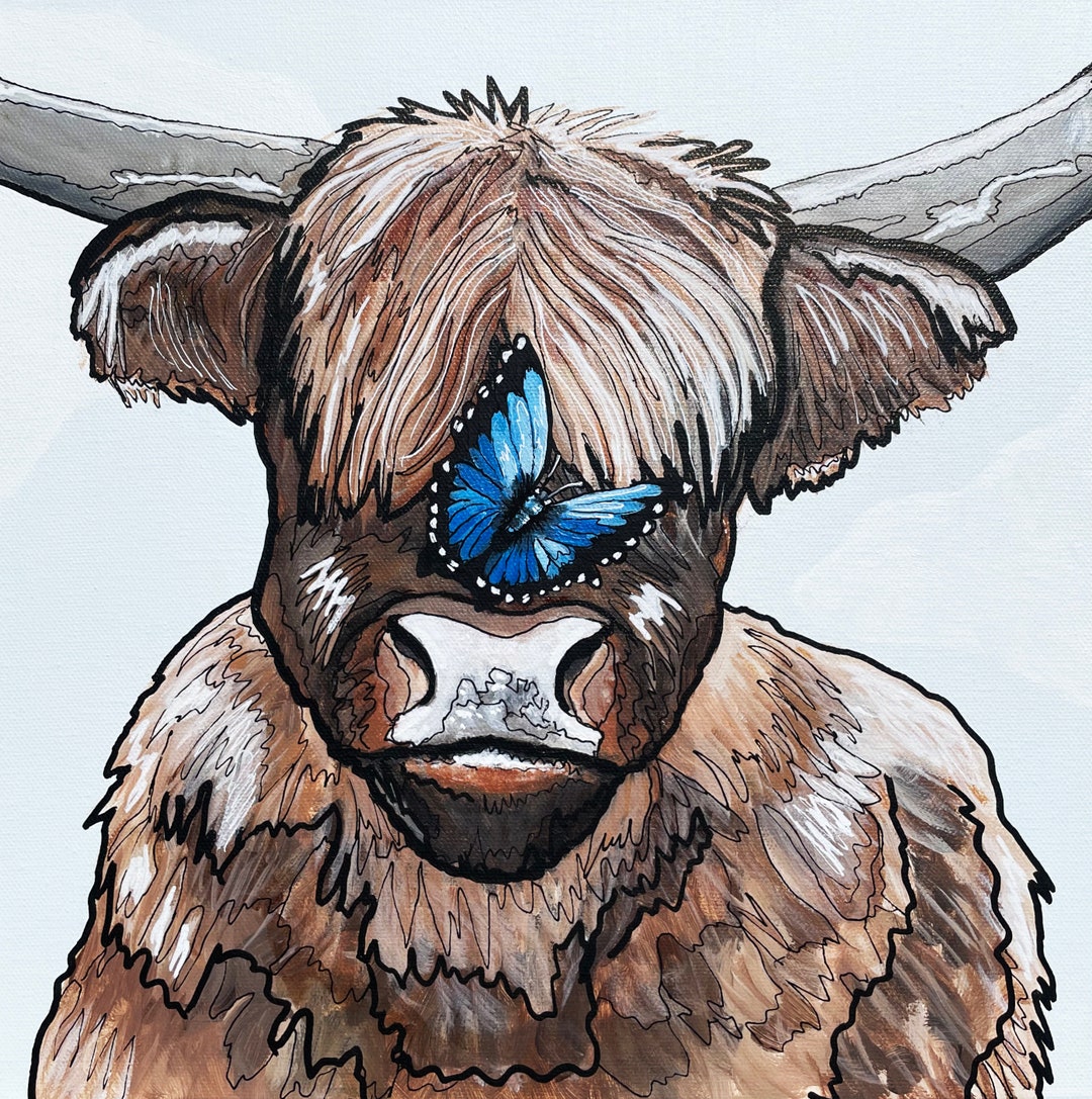 Print-10"x10"highland Cow Print With Blue Butterfly, Signed Art ...
