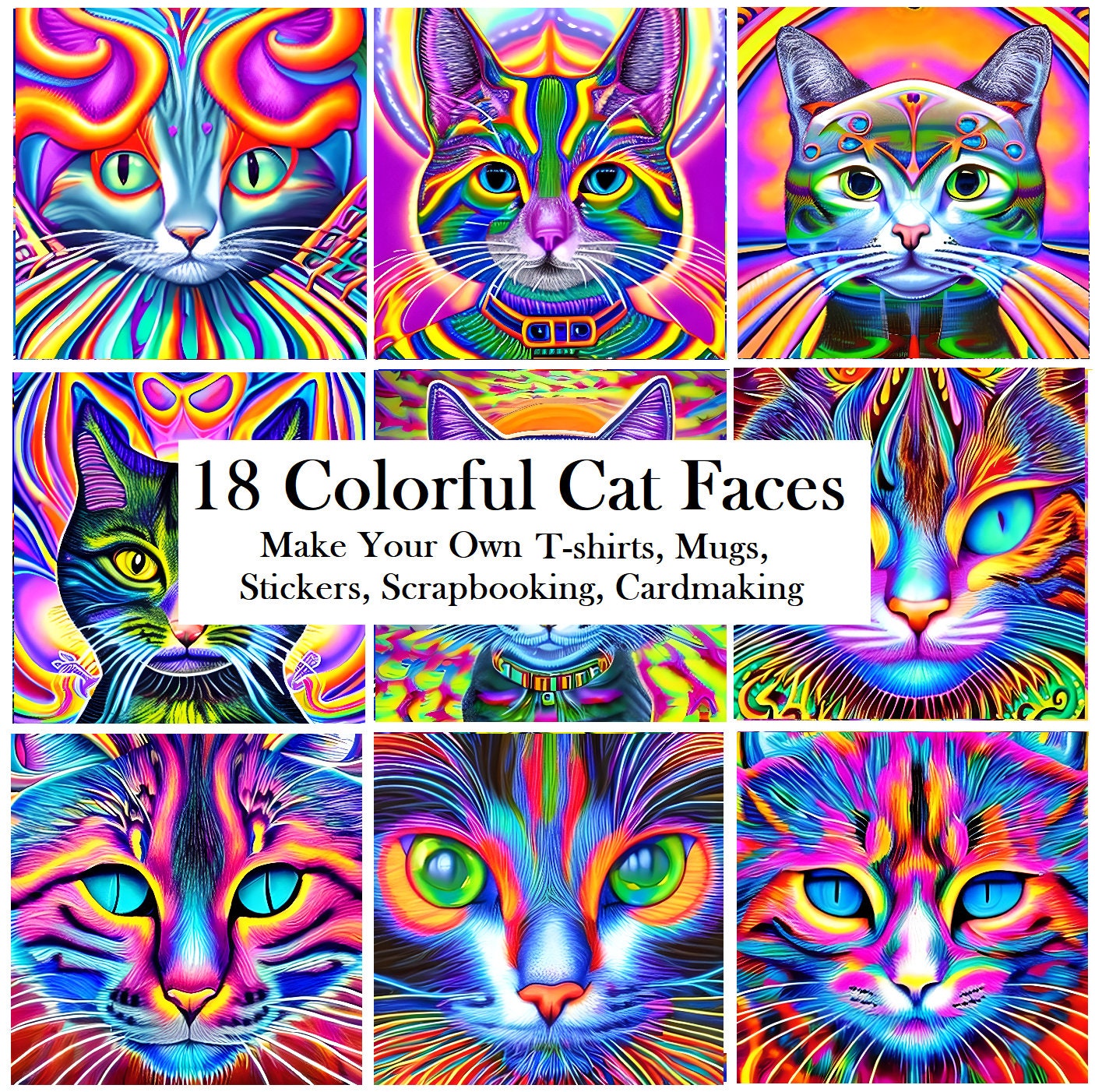 18 Colorful Cat Faces PNG Files Digital Download for Personal - Etsy