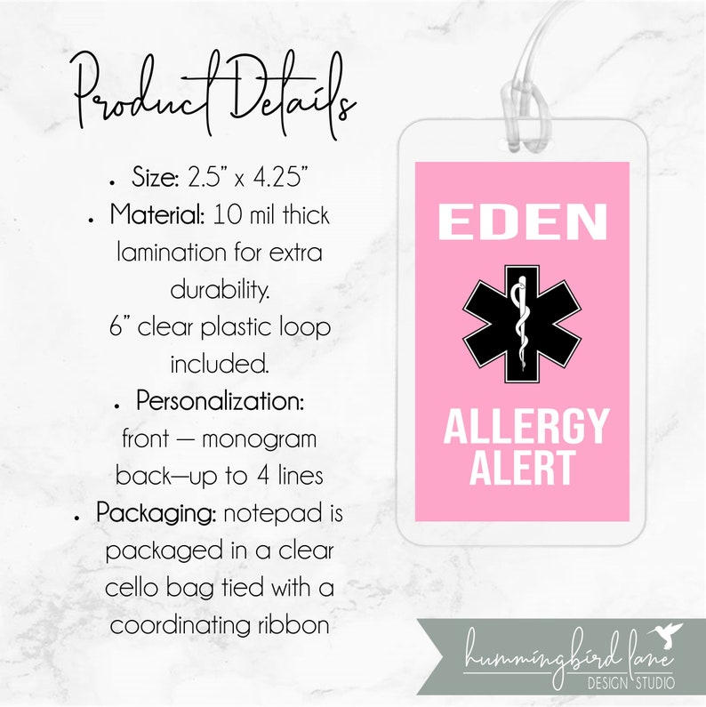 Allergy Alert Bag Tag Allergy Alert ID Personalized Allergy - Etsy