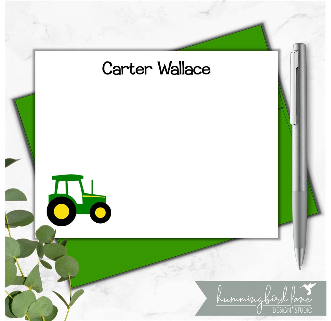 Personalized Note Card Set, Personalized Note Cards, Green Tractor Note ...