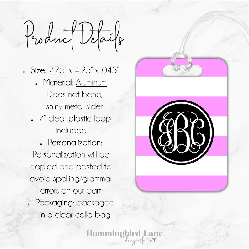 Preppy Monogram Luggage Tag, Custom Aluminum Bag, Travel Gift for Her ...