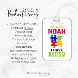 Autism Bag Tag, Autism Alert Tag, Personalized Bag Tag, Autism Hang Tag ...