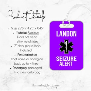 Seizure Alert Bag Tag, Epilepsy Alert ID, Medical Alert Tag, Emergency ...