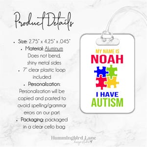 Autism Bag Tag, Autism Alert Tag, Personalized Bag Tag, Autism Hang Tag ...