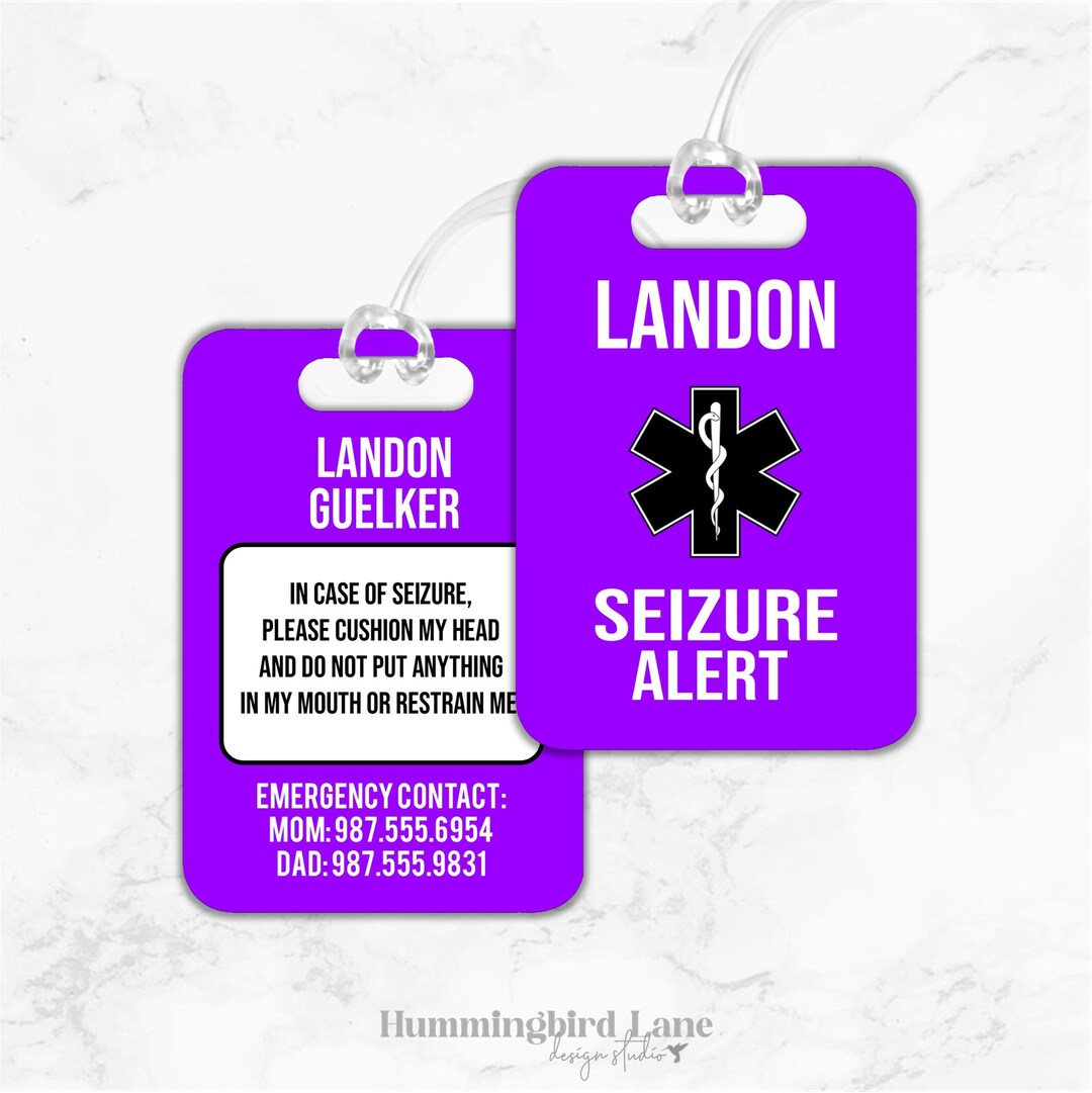 Seizure Alert Bag Tag, Epilepsy Alert ID, Medical Alert Tag, Emergency ...
