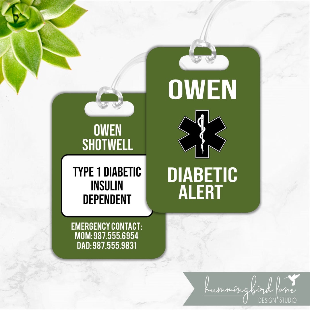 Diabetic Alert Bag Tag, Diabetic Alert ID, Personalized Diabetic Alert ...