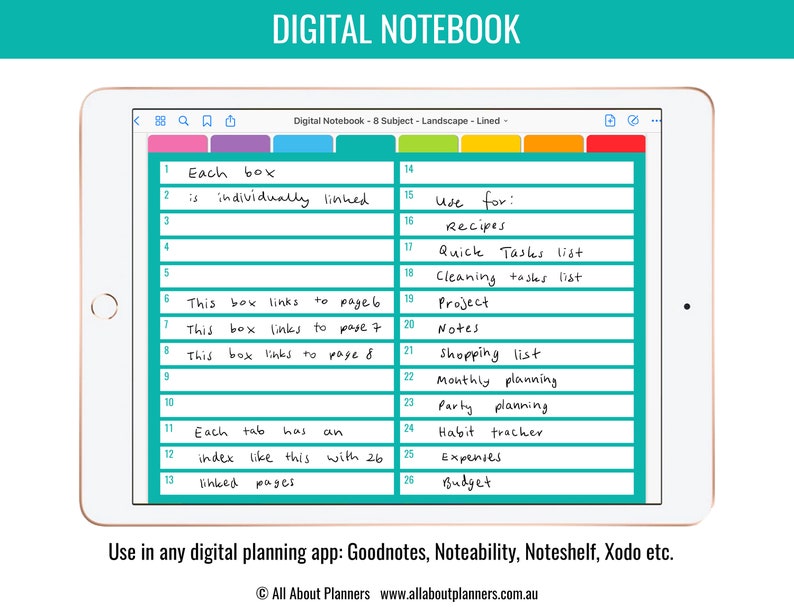 Goodnotes Digital Notebook 8 Subject Tabs Hyperlinked - Etsy Australia
