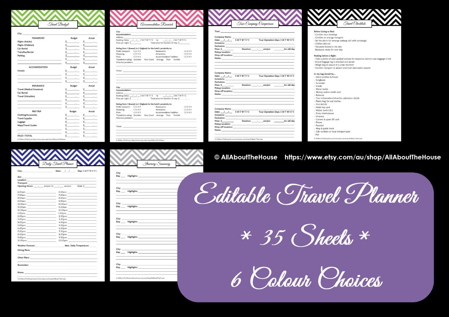 GREY EDITABLE Travel Planner Kit Chevron Printable PDF - Etsy