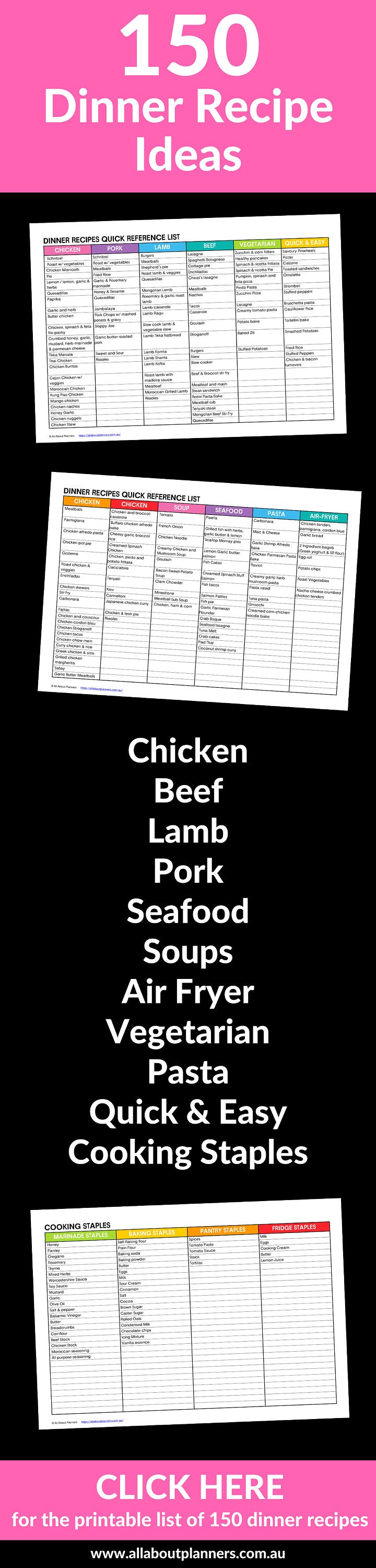 150 Dinner Ideas List Printable Rainbow Meal Planner Print at Any Page ...