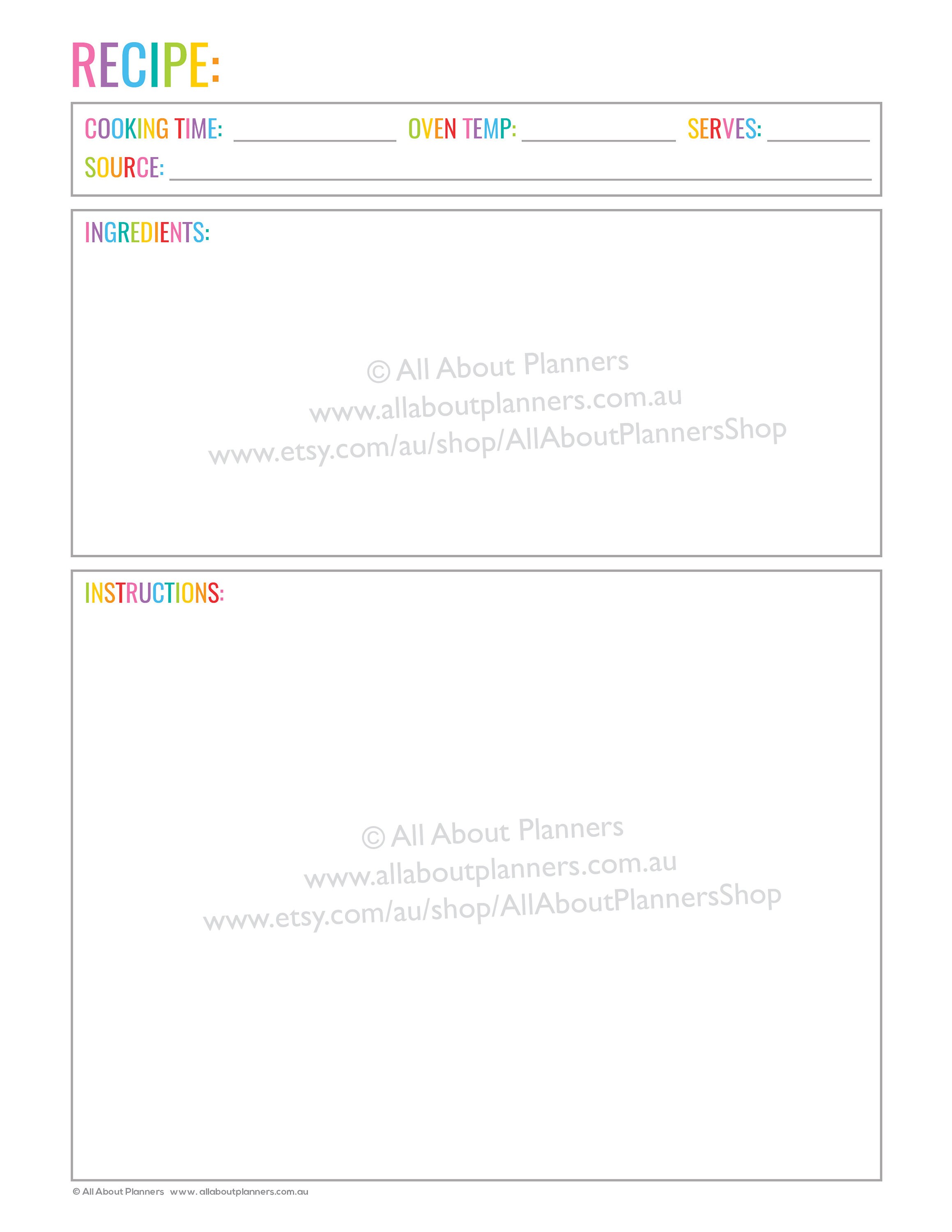 EDITABLE Printable Recipe Card, Template, Pdf, Sheet, Recipe Page ...