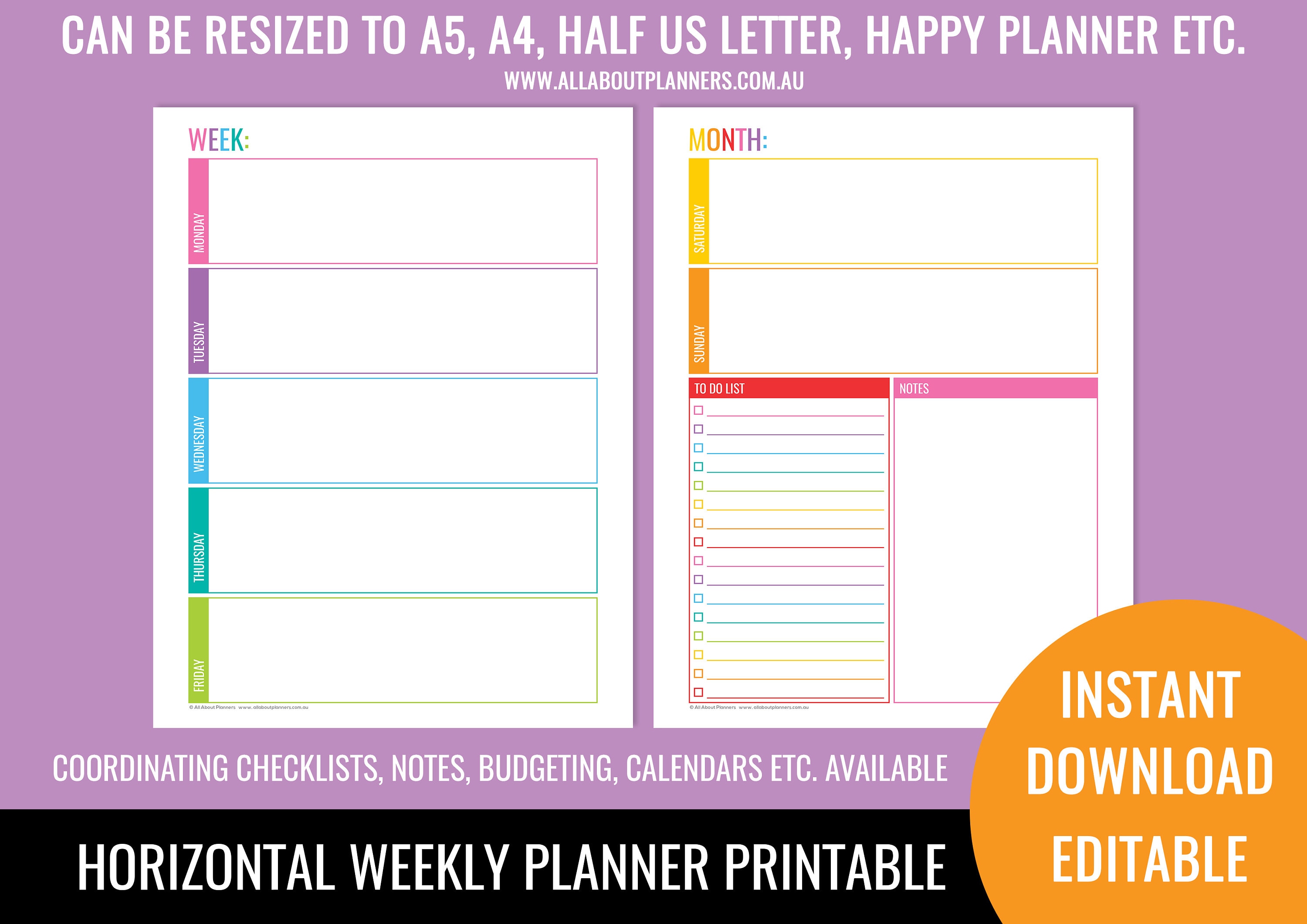 Weekly Planner Printable 2 Page Spread Insert Editable Refill | Etsy