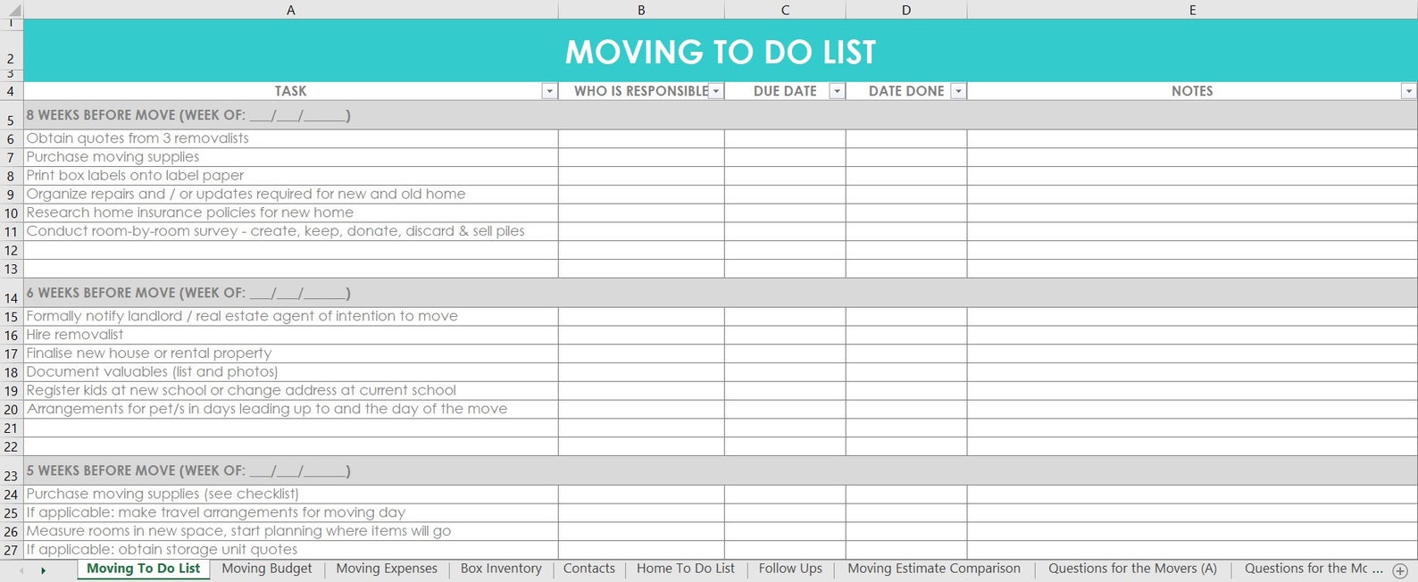 Moving Spreadsheet Planner Checklist Box Labels Budget Change of ...