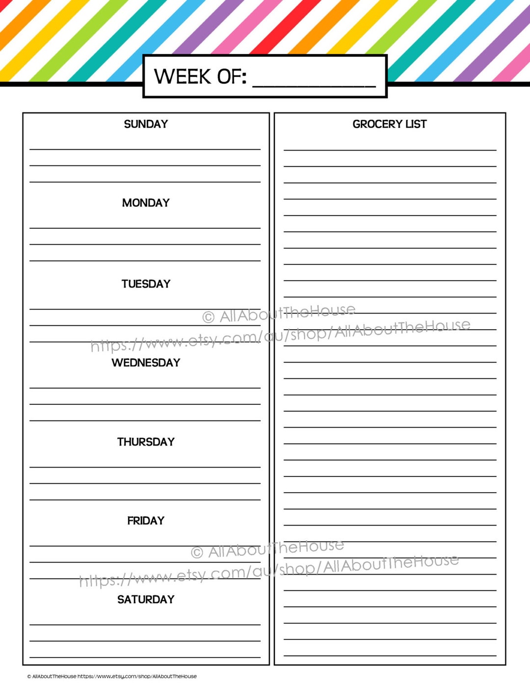 Weekly Meal Planner Printable Rainbow Stripe Menu Planner PDF - Etsy