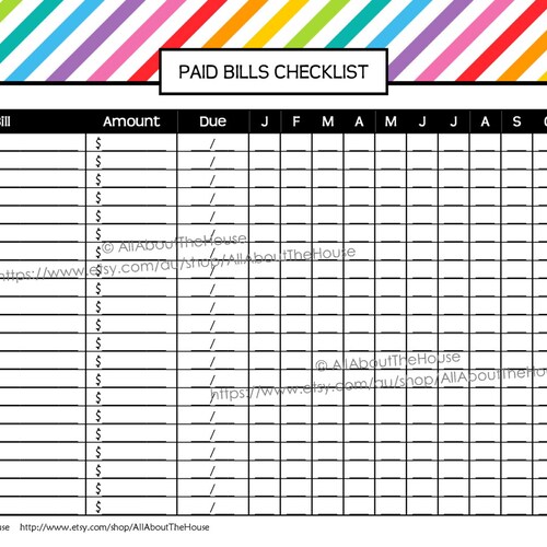 Bill Printable Editable Rainbow Stripe Paid Bills Checklist - Etsy