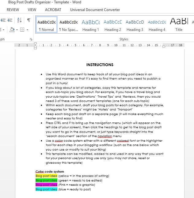Blog Post Organizer Template Microsoft Word Color Coded - Etsy Australia