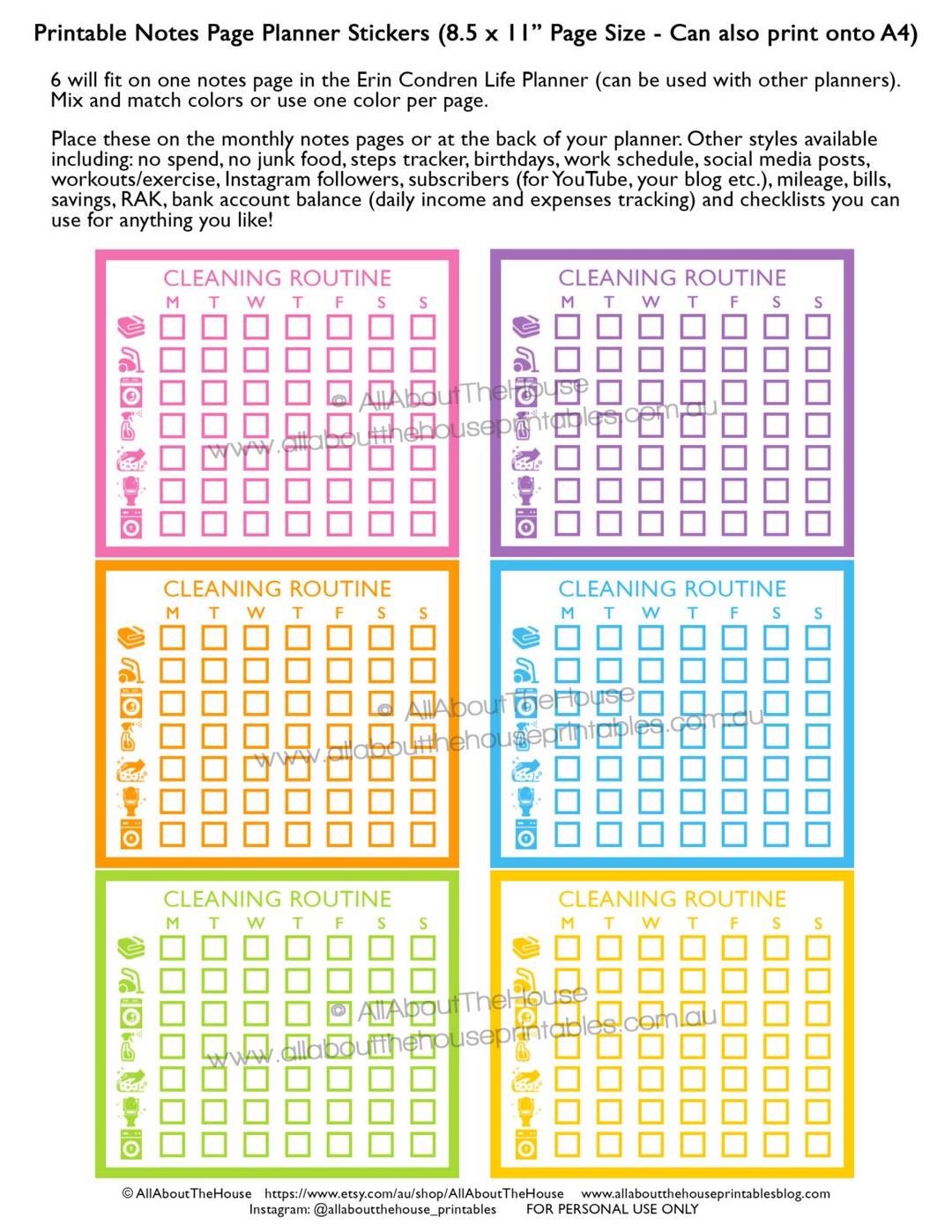 Cleaning Planner Stickers Notes Page Printable Chores Laundry Wash Day ...