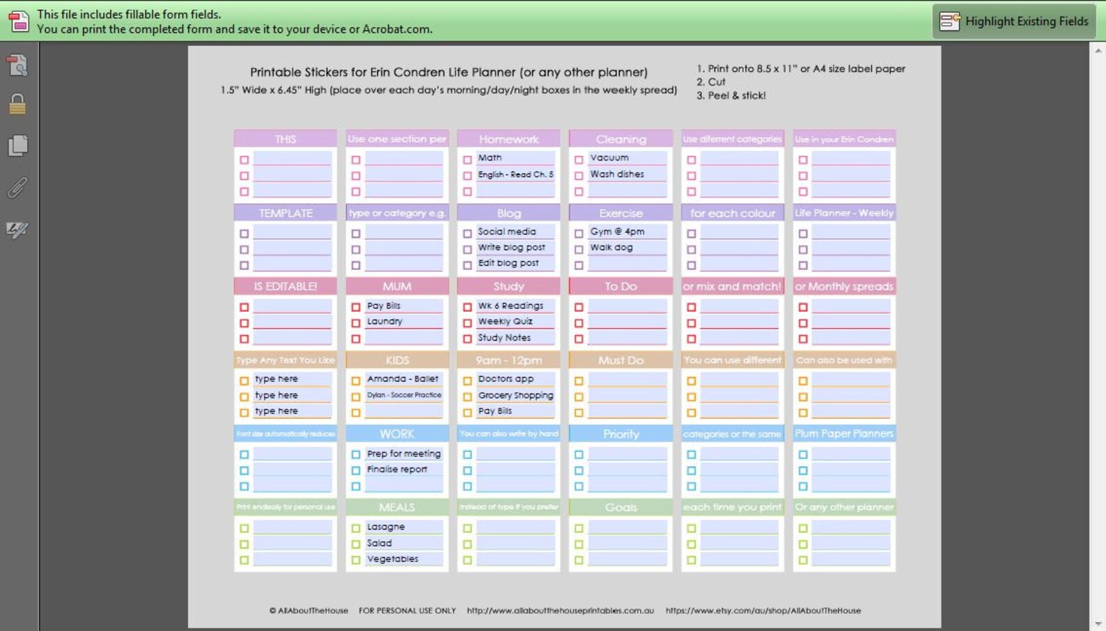 Weekly 6 Section Checklist Stickers Erin Condren Morning Day - Etsy