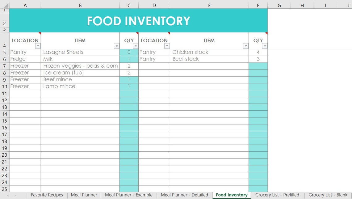Meal Planning Excel Spreadsheets Grocery List Food Inventory Favorite ...