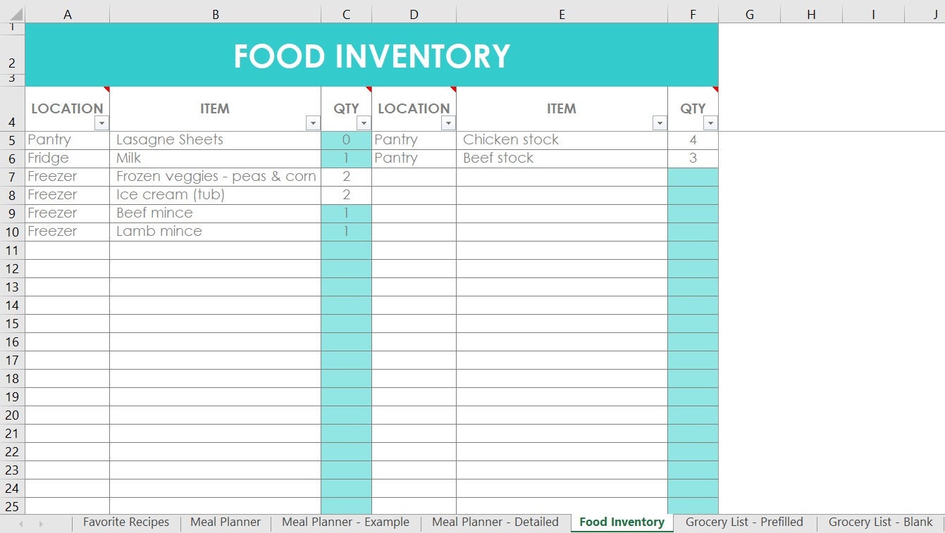 Meal Planning Excel Spreadsheets Grocery List Food Inventory - Etsy ...